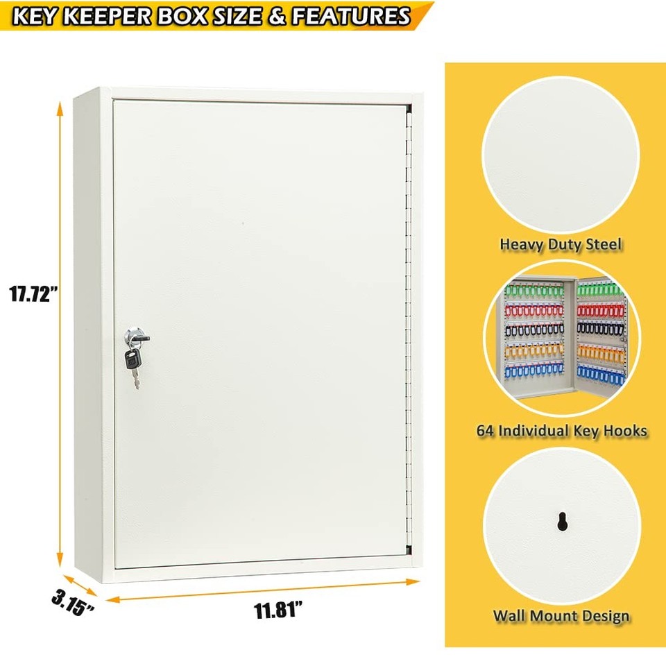 Lock Box Wall Mount 64 Position Metal Locking Key Cabinet Organizer ...