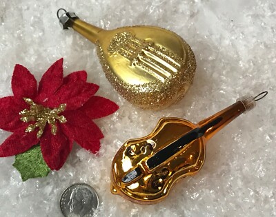 CHRISTMAS ORNAMENTS Pair VINTAGE Glass STRING INSTRUMENTS Austria ...
