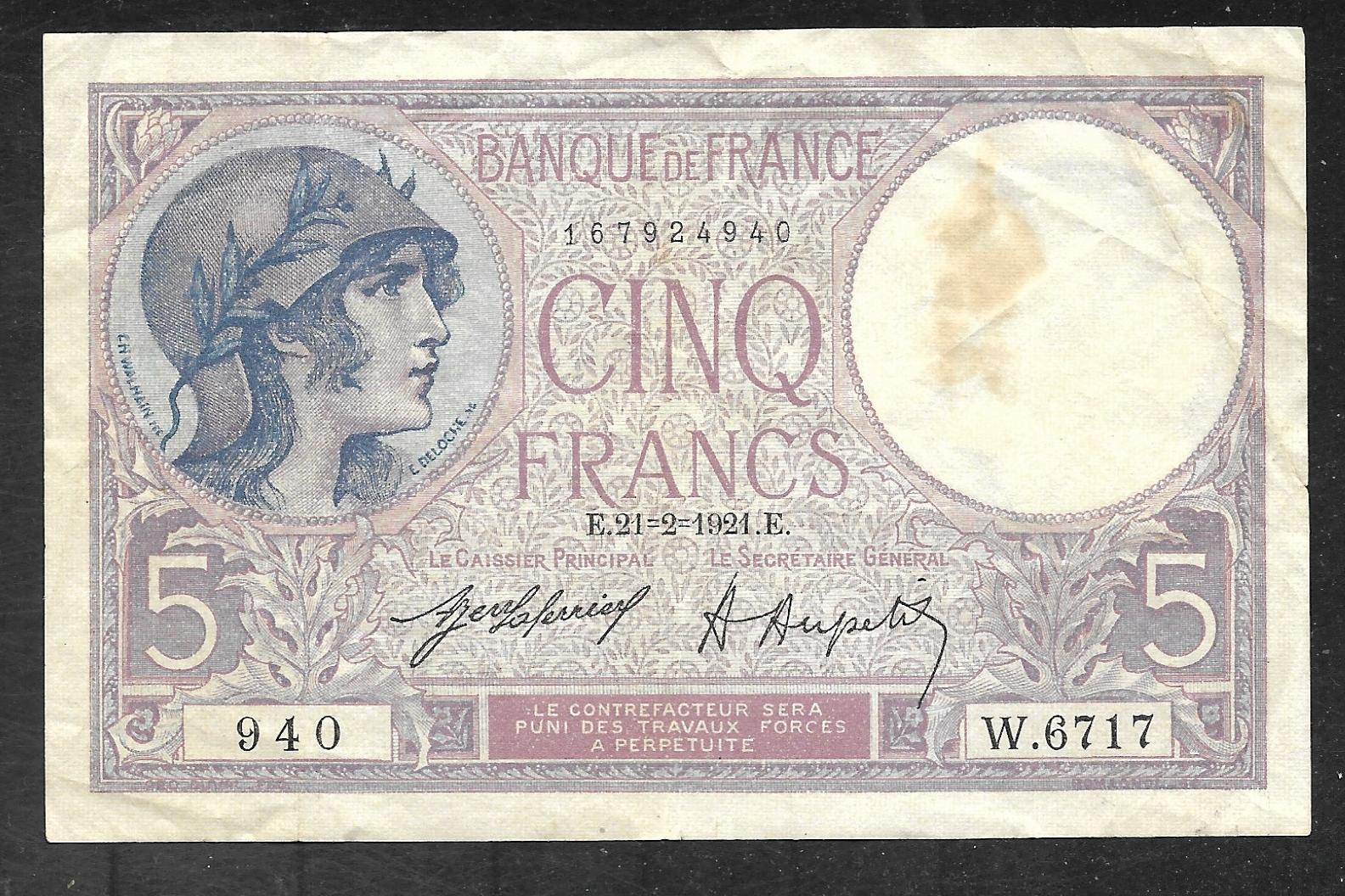 France - Old 5 Francs Note - 1921 - P72b - VF | eBay