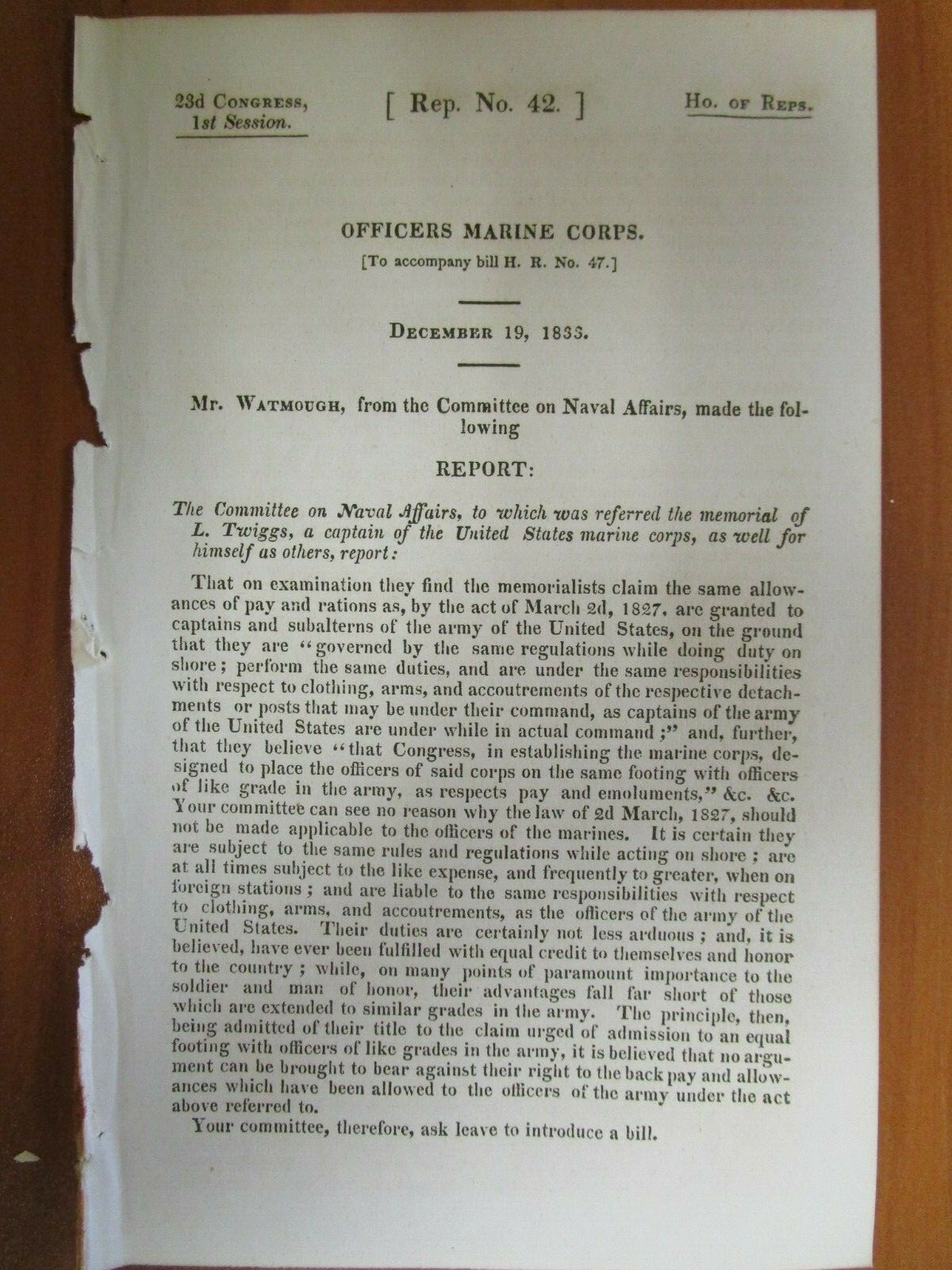 Government Report 12/19/1833 US Military Navy Army Marine Corps ...