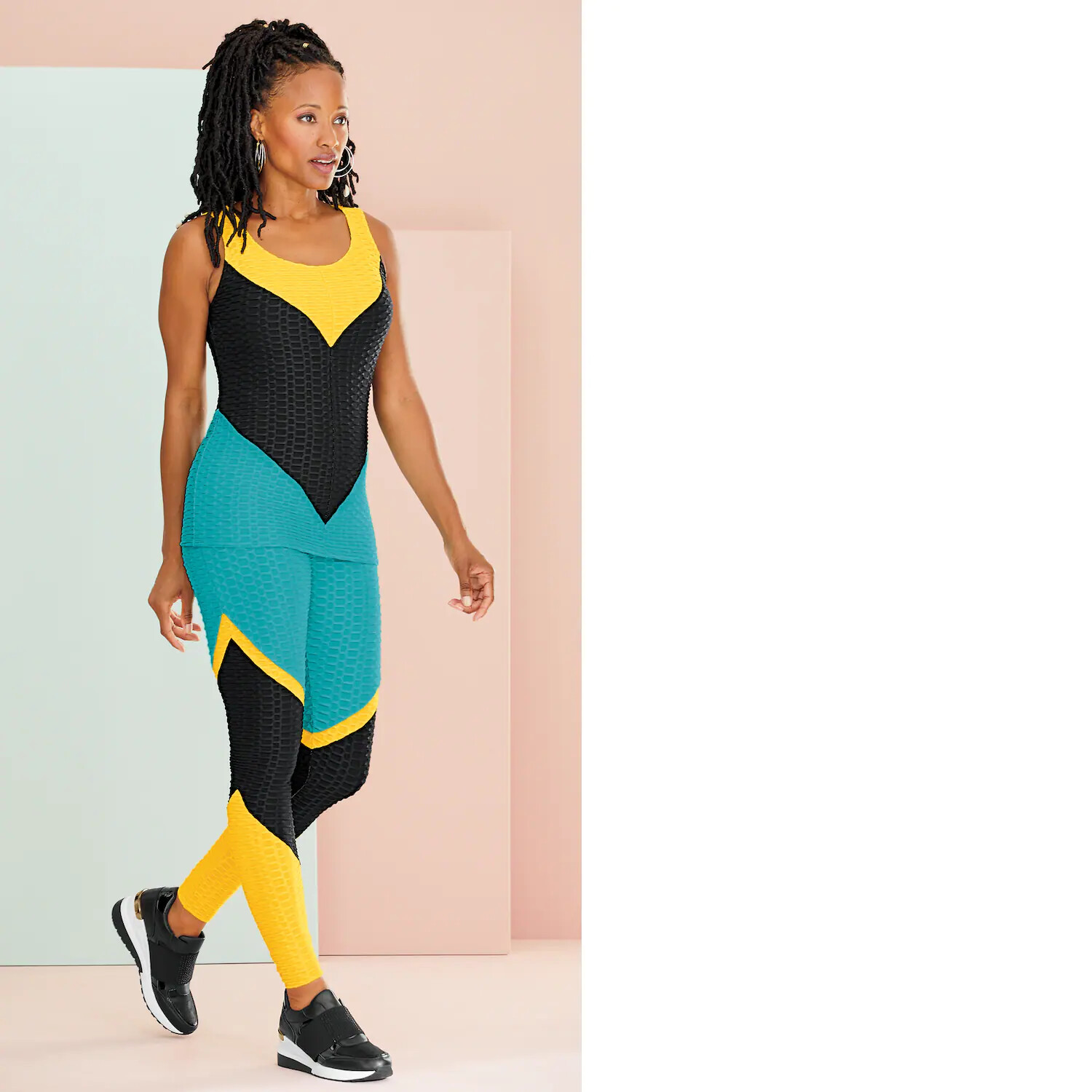 Size 1X PLUS Ashro Turquoise Yellow Black Textured Active Top and Pant ...