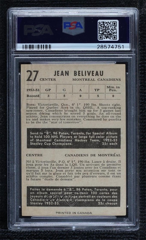 1953-54 Parkhurst Jean Beliveau #27 PSA Authentic Altered Rookie RC HOF ...