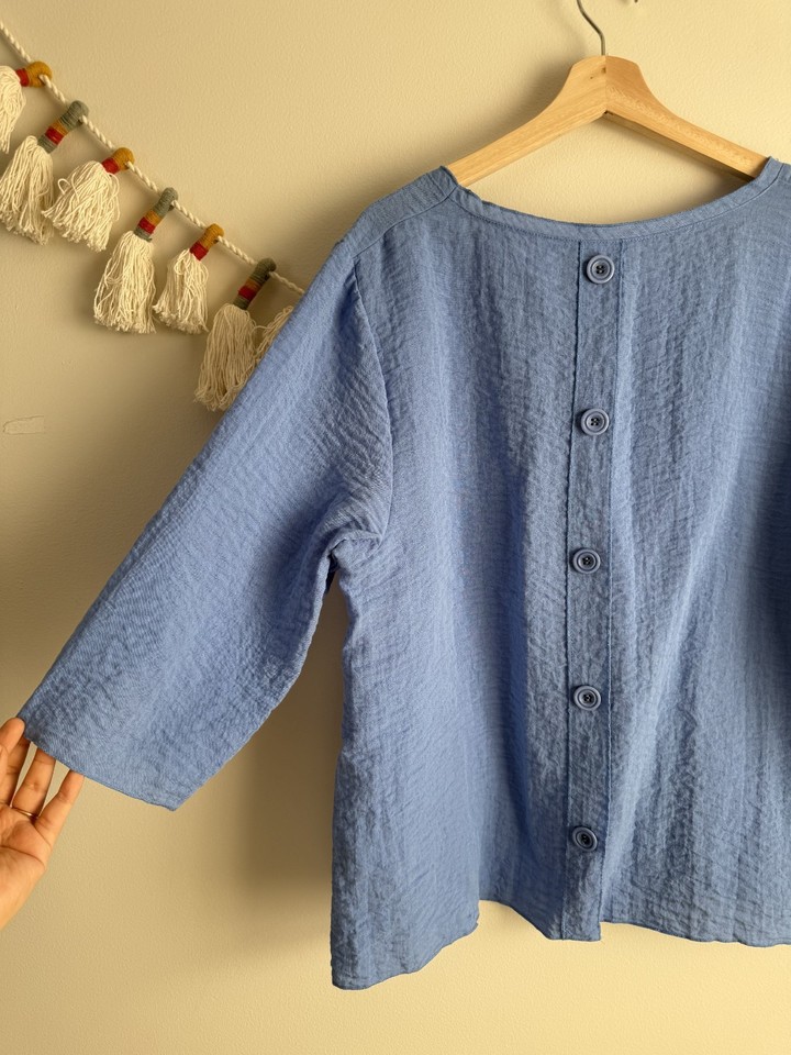 Habitat Blue 3/4 Sleeve Button Back Top Artsy Lagenlook Coastal Relaxed ...