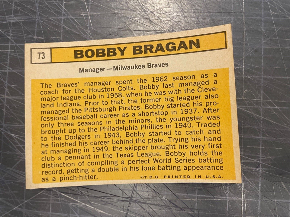 1963 TOPPS #73 BOBBY BRAGAN MILWAUKEE BRAVES BASEBALL CARD NM/MT | eBay
