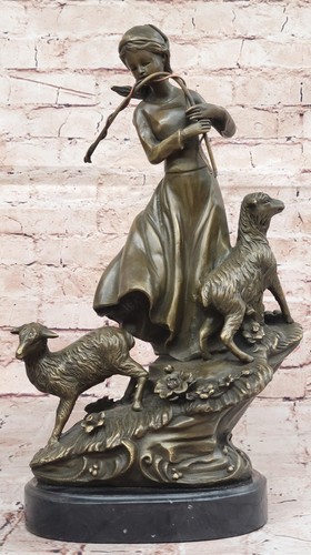 Hand Made Fine Shepherd Girl Woman Young Two Sheep Bronze Sculpture | eBay