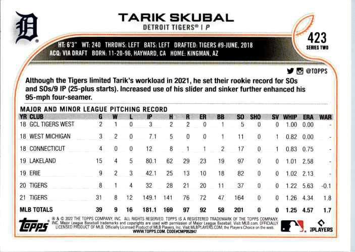 2022 Topps #423 Tarik Skubal Blue Star | eBay