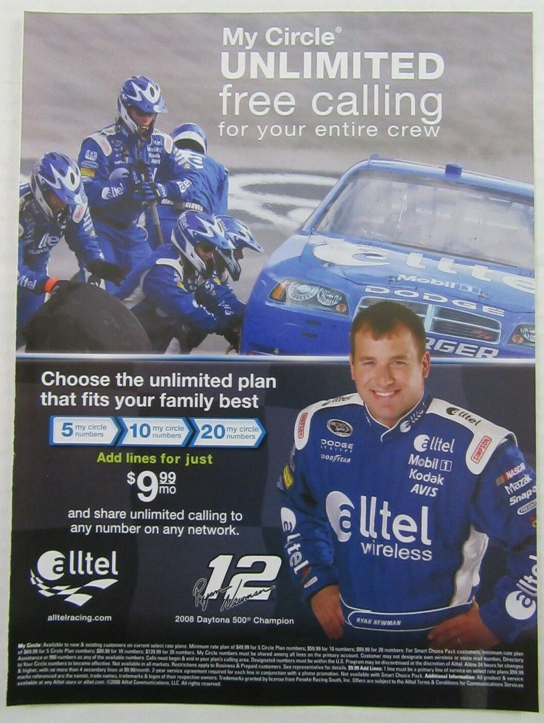 2008 ALLTEL WIRELESS Cell Phone Network NASCAR RYAN NEWMAN Magazine Ad ...