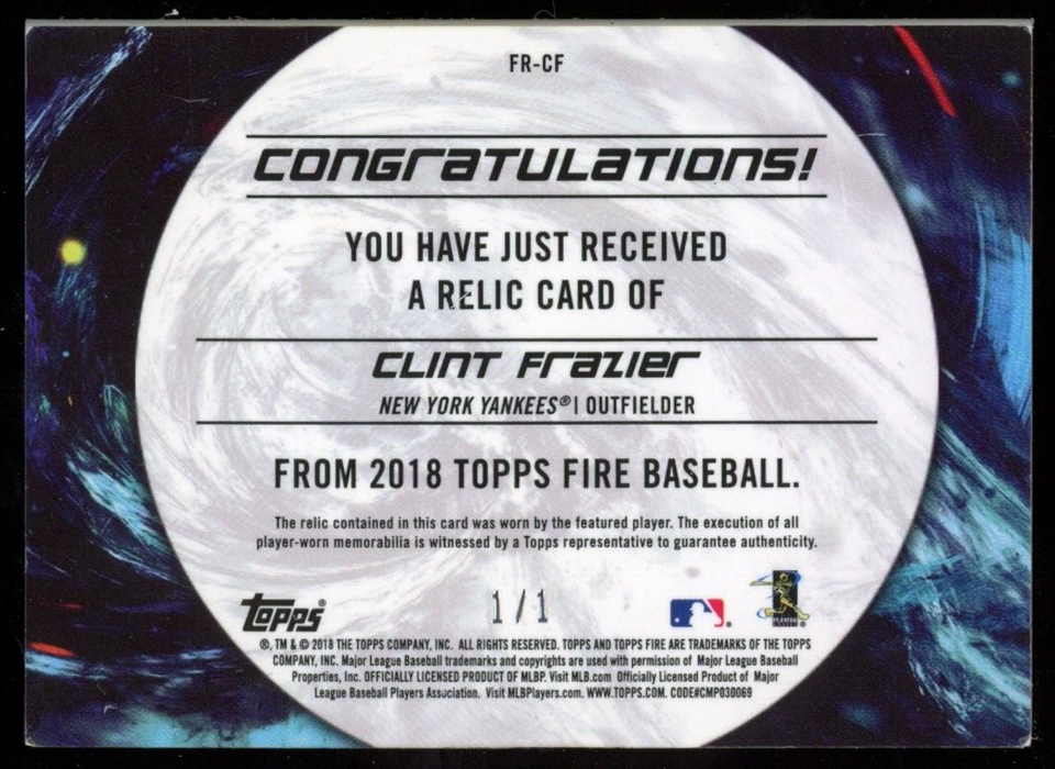 Clint Frazier 2018 Topps Fire Rookie Majestic Patch Relic Serial #d 1/1 ...