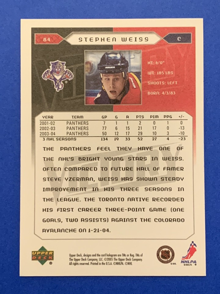 STEPHEN WEISS Signed 2004-05 UD Victory #84 Florida Panthers Autograph ...