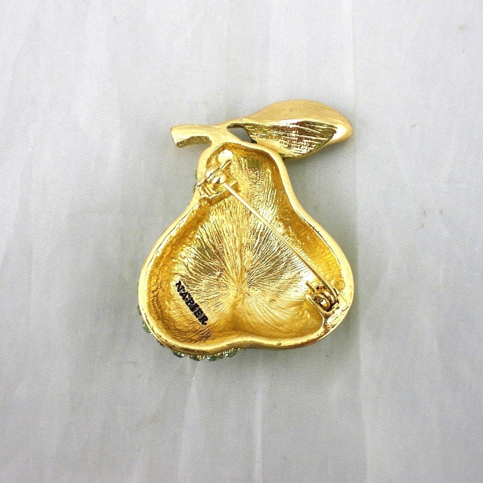 Napier Pear Brooch Pin Fruit Jeweled Enameled NEW Golden Tone & Green w ...