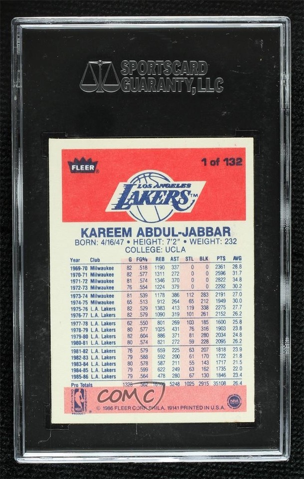 1986-87 Fleer Kareem Abdul-Jabbar #1 SGC 84 HOF s6i | eBay