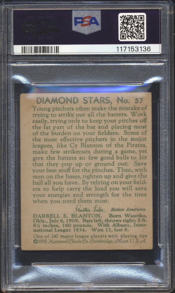 1935 Diamond Stars Baseball Cy Blanton #57 PSA 4 PITTSBURGH PIRATES VG ...