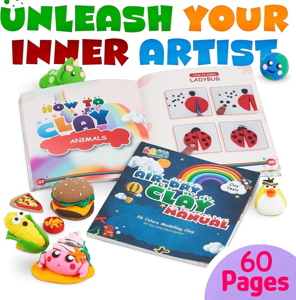 Air Dry Clay, 26 Colors Modelling Clay, 8 Tools, Booklet, Crafting Kits ...