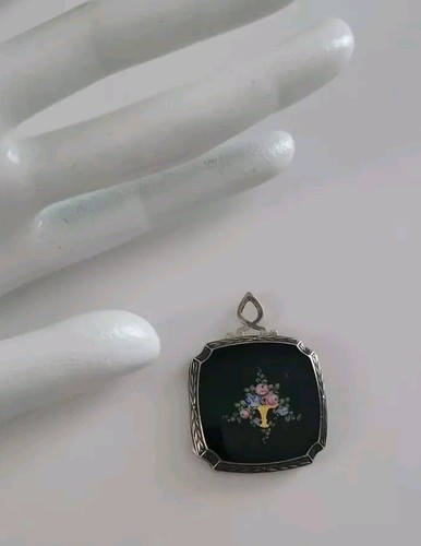 Art Deco Locket Inlay Forget Me Nots Flower Basket Black Enamel ...