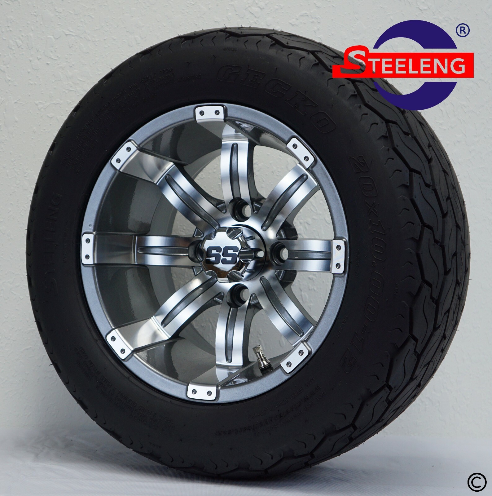 GOLF CART 12" GUNMETAL TEMPEST WHEELS/RIMS and 20" GECKO TURF/STREET ...