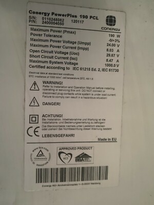 CLEARANCE SALE! Conergy Power Plus 190 PCL solar PV panel module black ...
