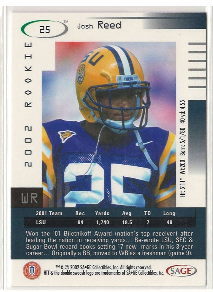 2002 SAGE HIT Football #25 Josh Reed LSU Tigers Buffalo Bills | eBay