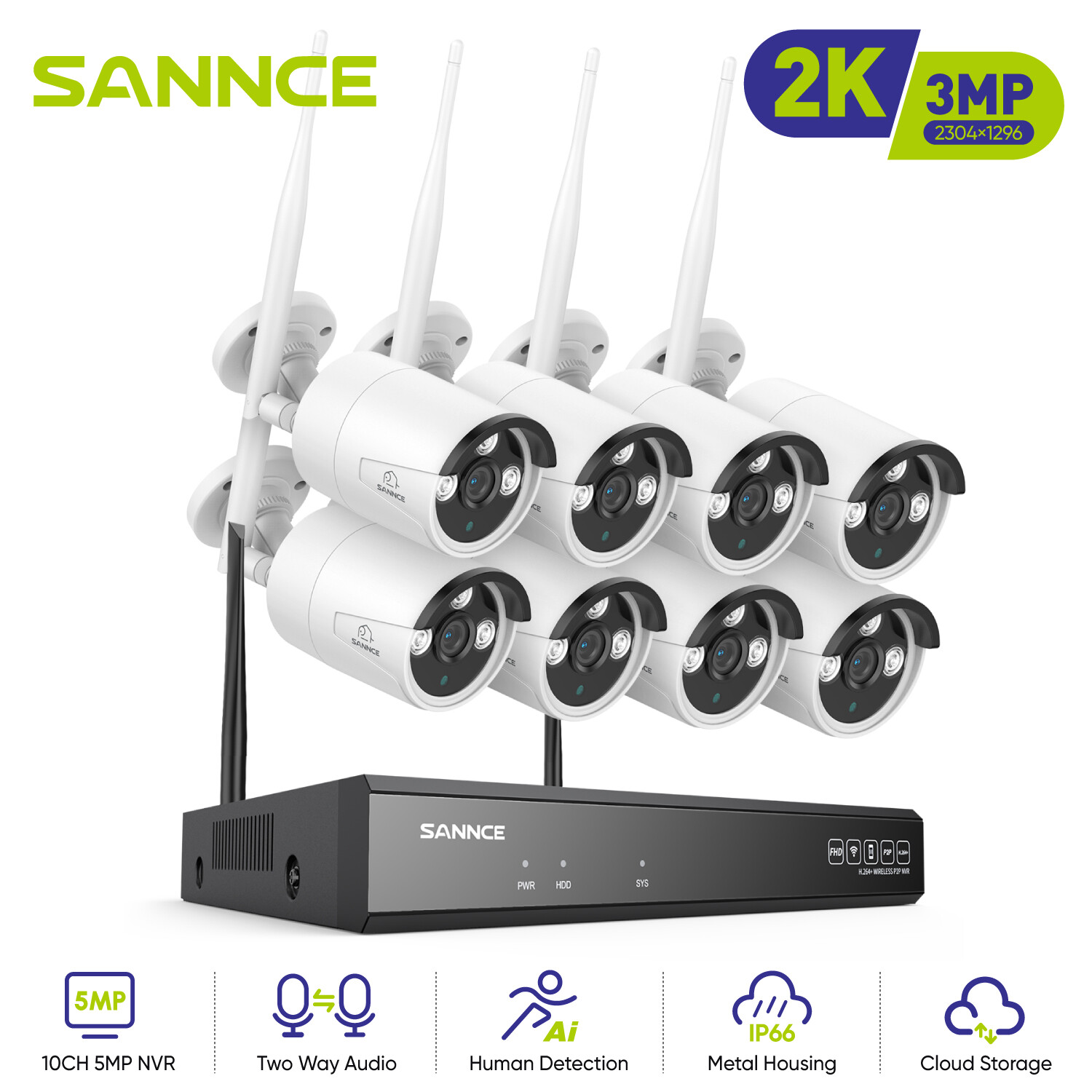 SANNCE 3MP Wireless Audio Security Camera System Home WiFi CCTV Outdoor ...