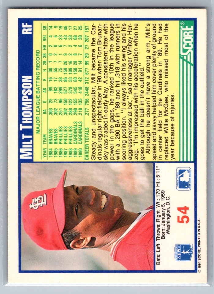 Milt Thompson 1991 Score BASEBALL #54 St. Louis Cardinals | eBay