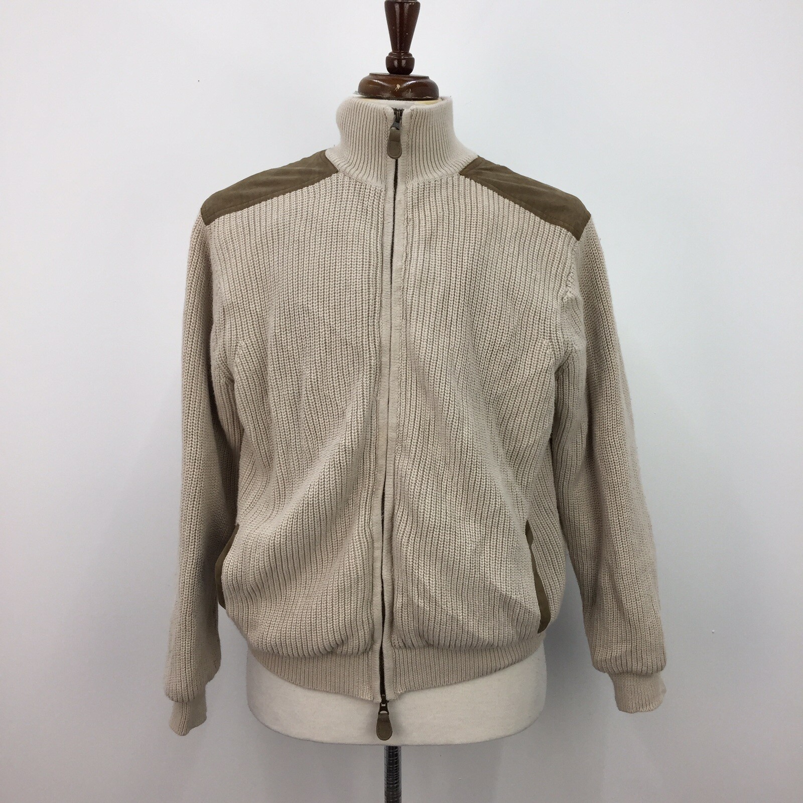 Orvis Cotton Tan Oatmeal Knit Suede Shoulder Patch Zi… - Gem