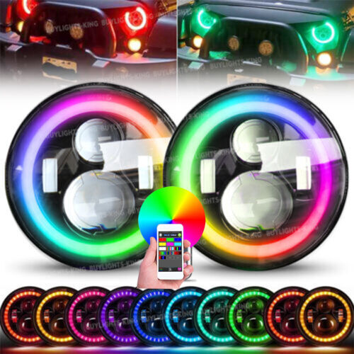 7''Inch RGB Halo LED Headlights DRL Lights Combo For Jeep Wrangler GQ ...
