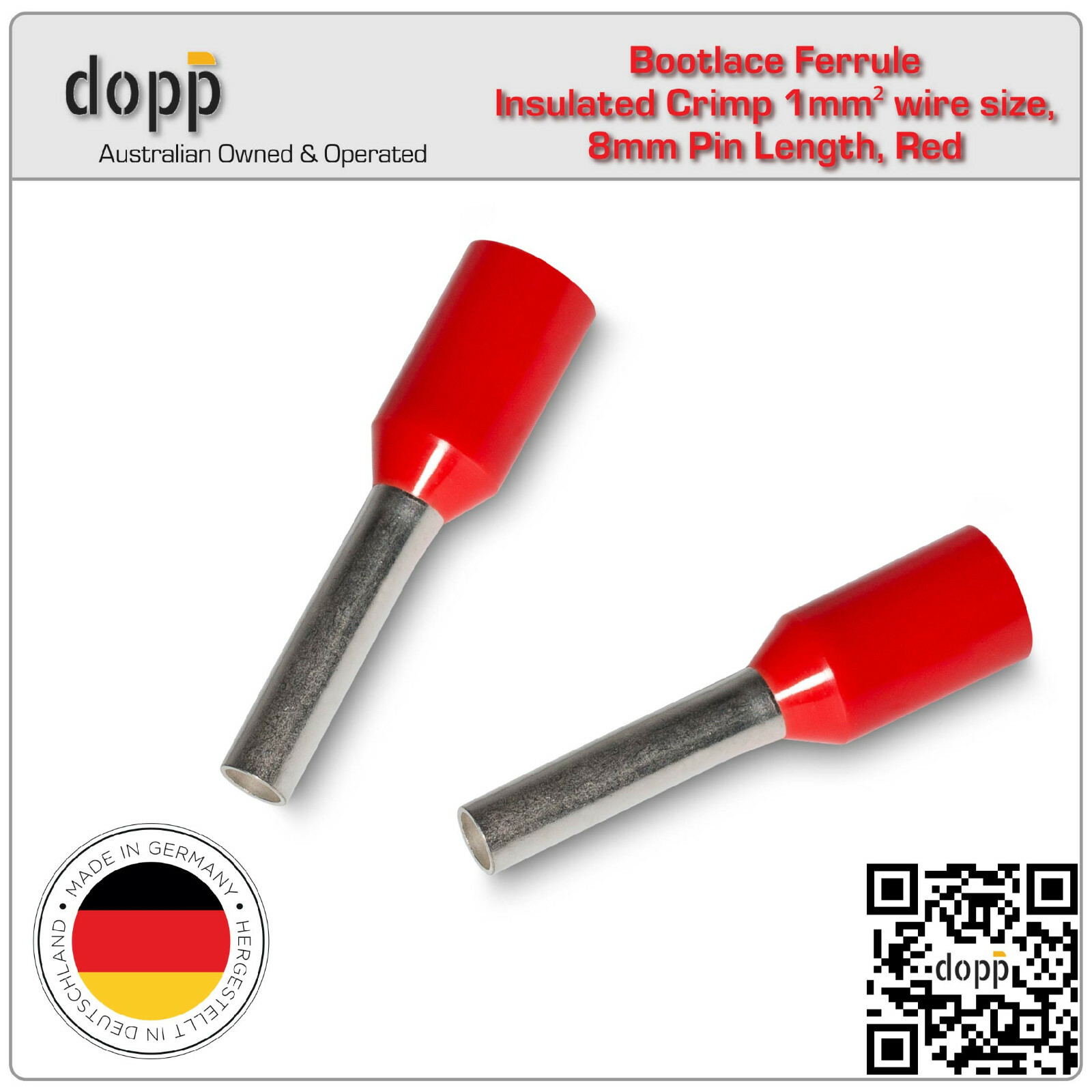 Bootlace Ferrule Insulated Crimp 1mm² wire size, 100 Pcs, Red, 8mm Pin ...