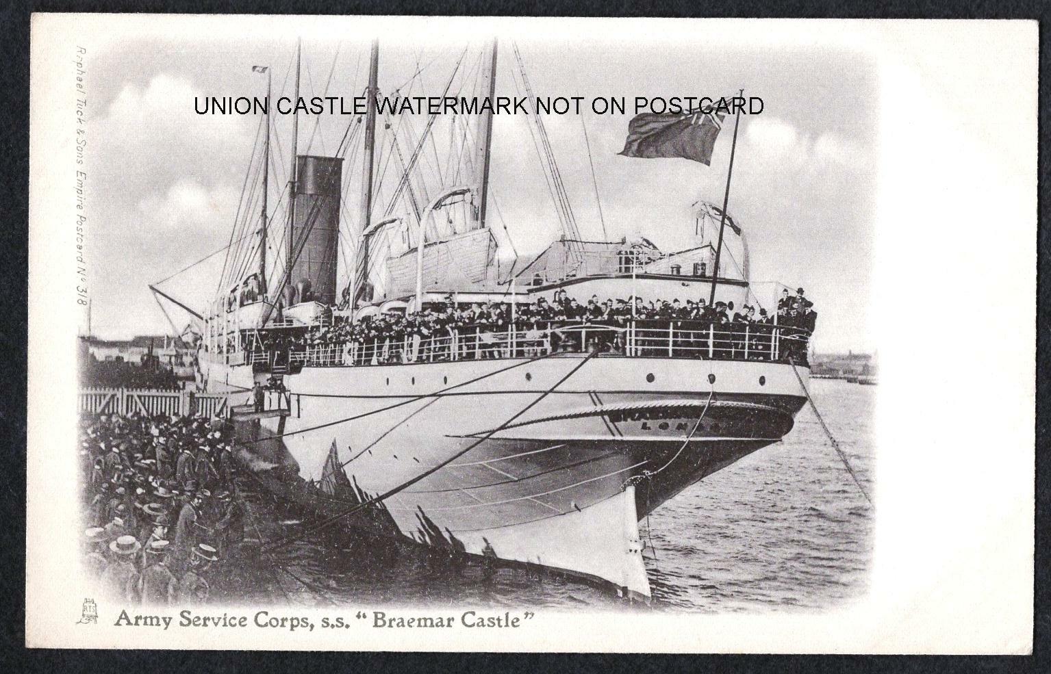 POSTCARD UNION CASTLE SS BRAEMAR CASTLE SOUTH AFRICA SERVICE CORPS BOER ...