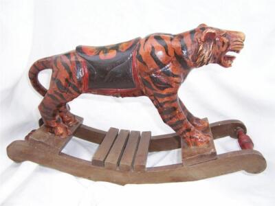 VTG CARVED WOOD SIBERIAN BENGAL TIGER HOBBY ROCKING HORSE WOODEN HOME ...