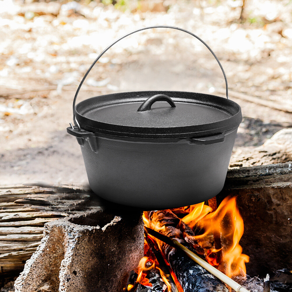 Cast Iron Camping Cookware Dutch Oven Casserole Pot Deep Stew Soup Lid ...
