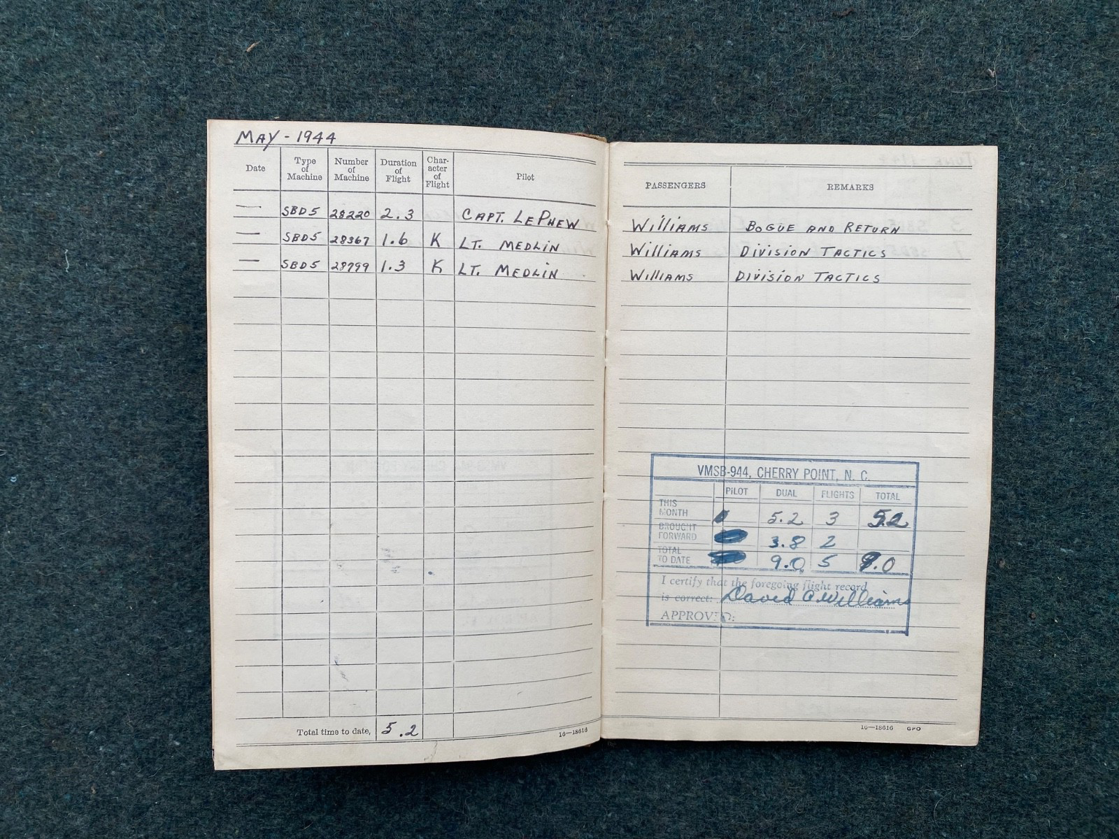 Original WW2 USMC Fleet Marine Aviators Flight Log Book SBD5 Dauntless ...