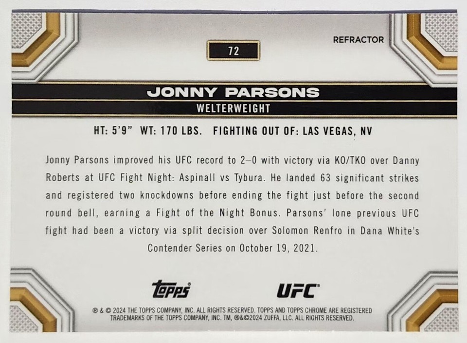 2024 Topps Chrome UFC Refractor Jonny Parsons Rookie Welterweight #72 ...