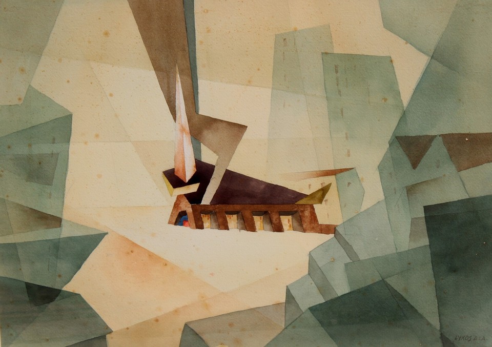 George Lykos Mid Century Modern California watercolor Buildings & a ...