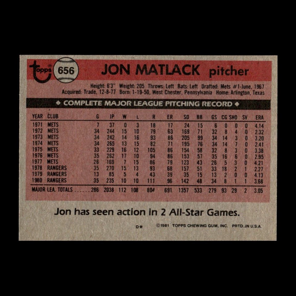 Jon Matlack 1981 Topps Texas Rangers #656 Nice! | eBay