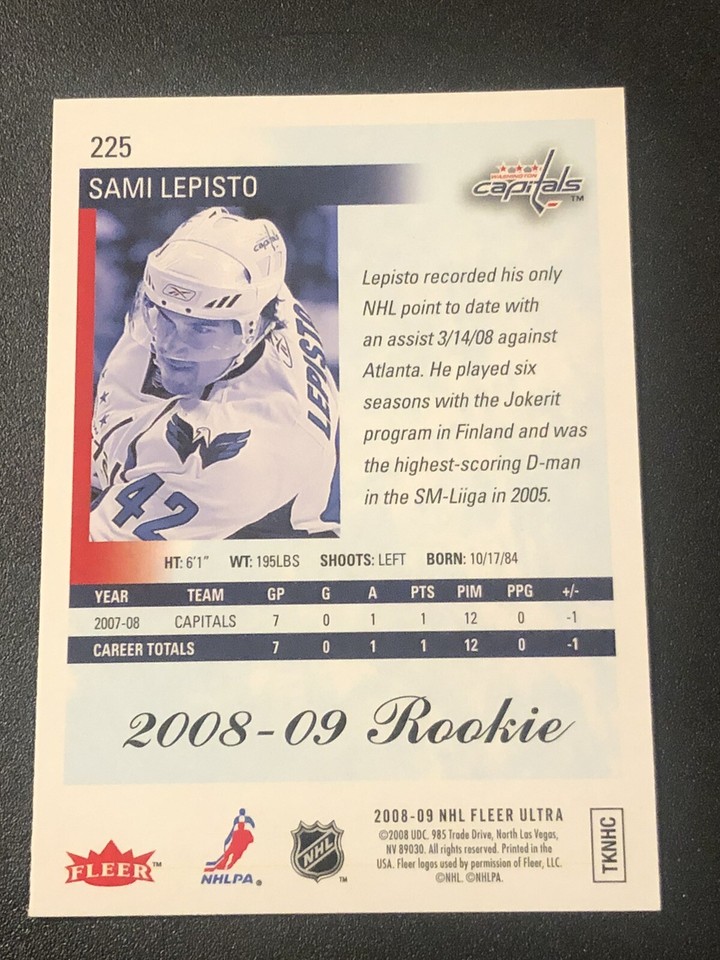 2008-09 Fleer Ultra Ultra Rookie Gold Medallion Sami Lepisto #225 ...