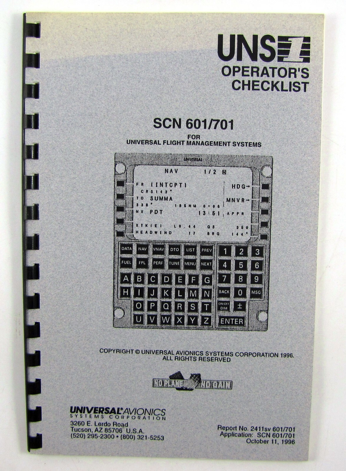 Universal Avionics 1996 UNS1 SCN 601/701 Operators Checklist | eBay