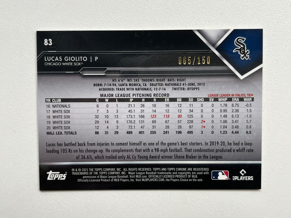 2021 Topps Chrome Black Purple #83 Lucas Giolito /150 Chicago White Sox ...
