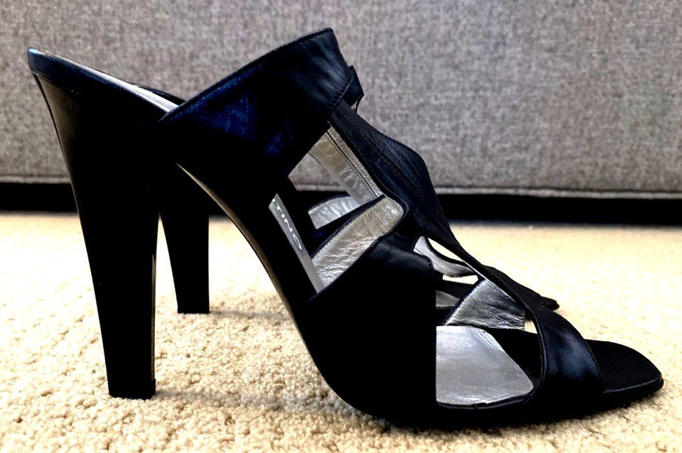 Mario Valentino Black Roman Gladiator Leather Heels Slides Shoes Sz 37 ...