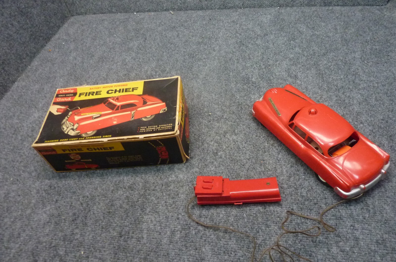 Vintage Red Andy Gard Fire Chief Car Battery Powered Remote Control Toy ...