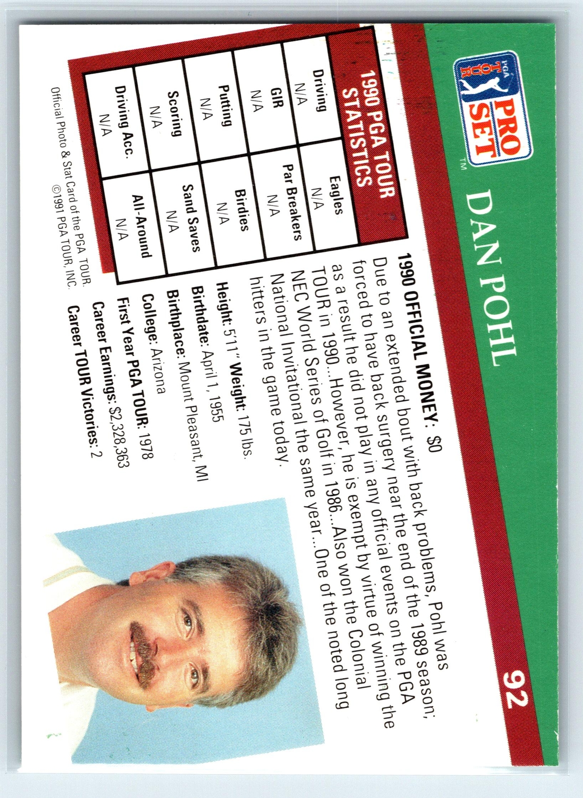 Dan Pohl 1991 Pro Set PGA Tour #92 | eBay