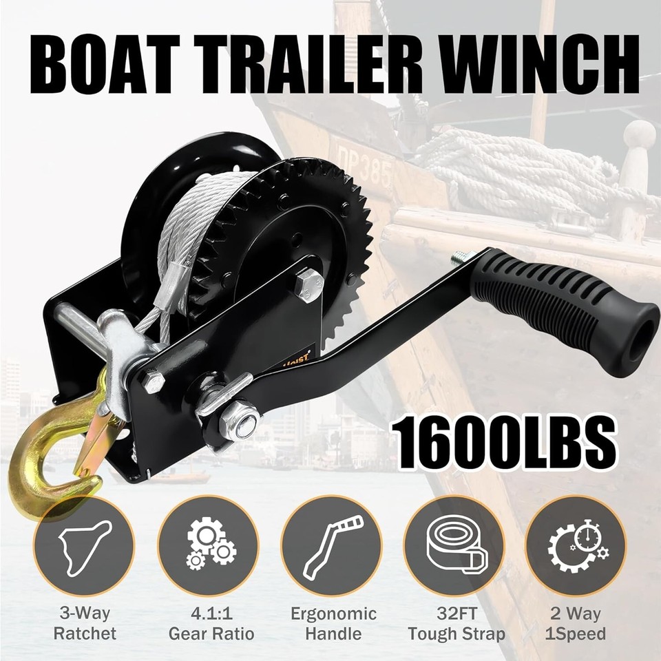 Boat Trailer Winch，Heavy Duty Hand Winch with Polyester Strap, 1600LBS ...