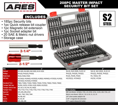 31023-208-Piece Impact Security Bit Set – Phillips, Robertson, Tamper ...