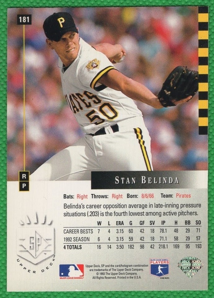 Stan Belinda - 1993 Upper Deck SP #181 - Pittsburgh Pirates Baseball ...