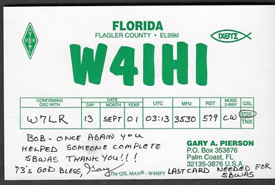 QSL QSO CB Radio CARD"W4IHI,Gary A. Pierson,Flagler Cty,01",Florida ...