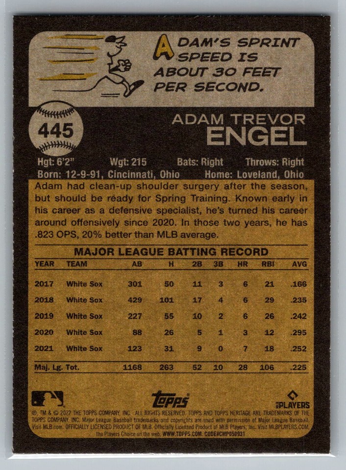 2022 Topps Heritage #445 Adam Engel Chicago White Sox FREE SHIP | eBay