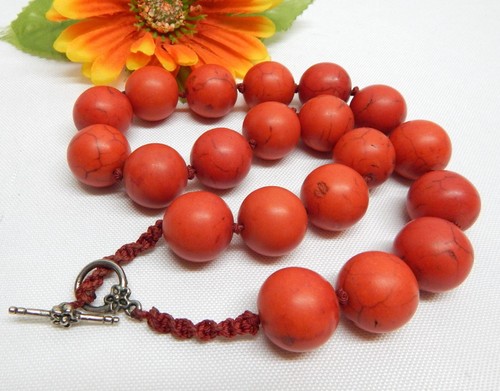SILVER TONE, HAND KNOTTED LARGE 12.6mm RED HOWLITE STONE BEAD NECKLACE ...
