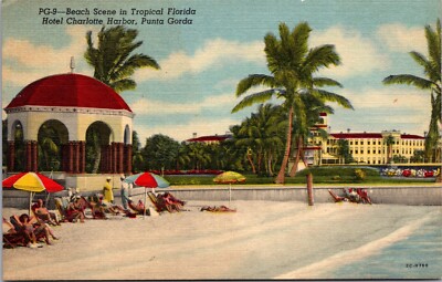 Hotel Charlotte Harbor Beach Scene Punta Gorda Florida Linen Postcard ...