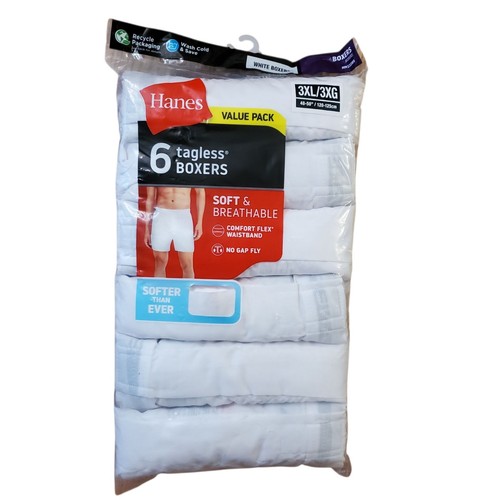 6-Pack HANES Men's 3XL Tagless Woven White Boxers Soft Breathable No ...