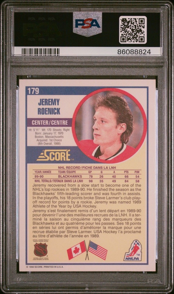 PSA 9 JEREMY ROENICK 1990-91 Score #179 Chicago Blackhawks Rookie Card ...