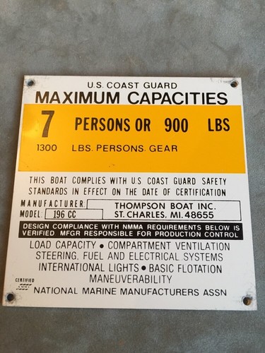 Thompson Boat Inc, 196 CC Boat Capacity Plate~Tag~7 Persons or 900 Lbs ...