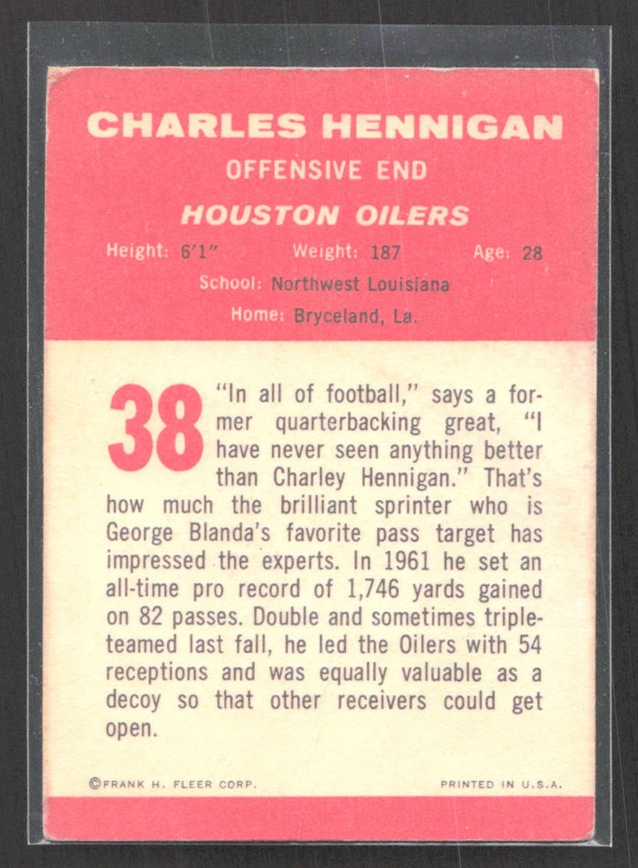 1963 Fleer Charles Hennigan #38 Houston Oilers | eBay